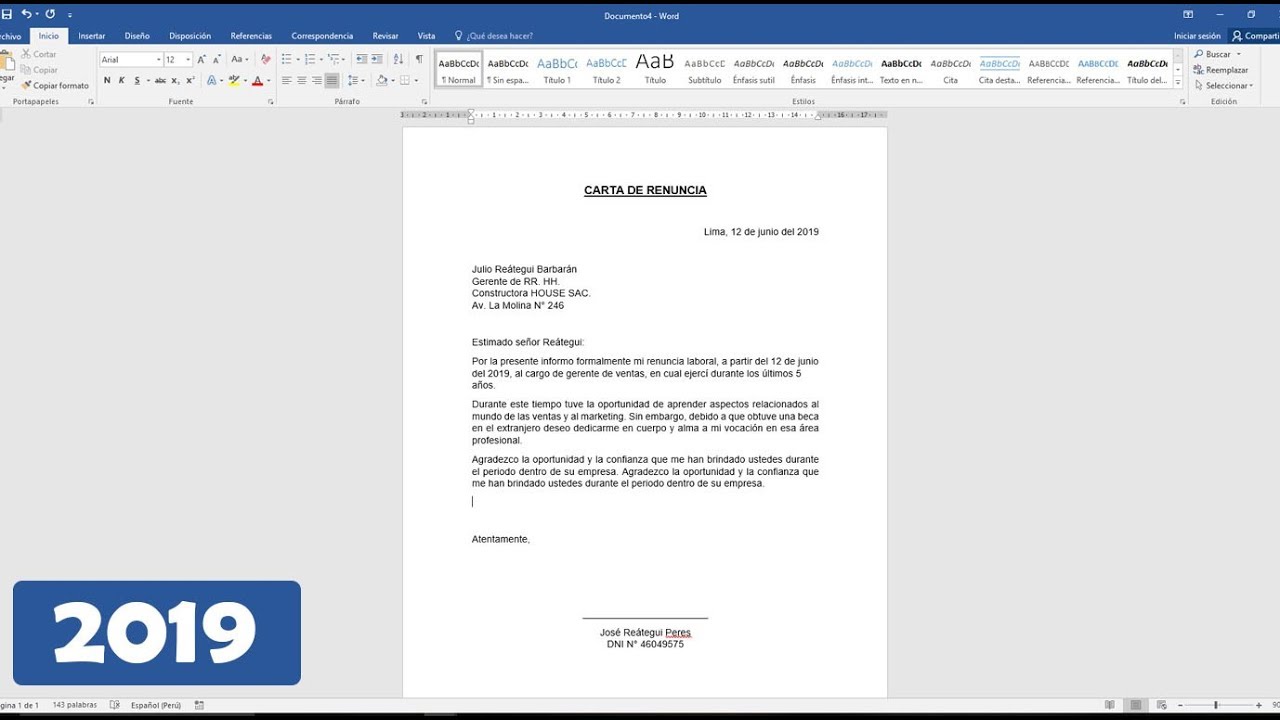 Formato de carta de renuncia laboral - Carta Creativa